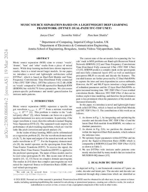(PDF) Music Source Separation Based on a Lightweight Deep Learning Framework (DTTNET: DUAL-PATH ...