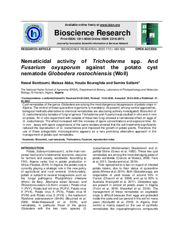 (PDF) Nematicidal activity of Trichoderma spp. And Fusarium oxysporum against the potato cyst ...