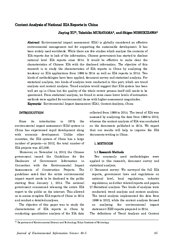 (PDF) Content Analysis of National EIA Reports in China