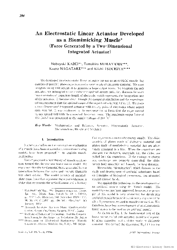 Pdf An Electrostatic Linear Actuator Developed As A Biomimicking Muscle Force Generated By A