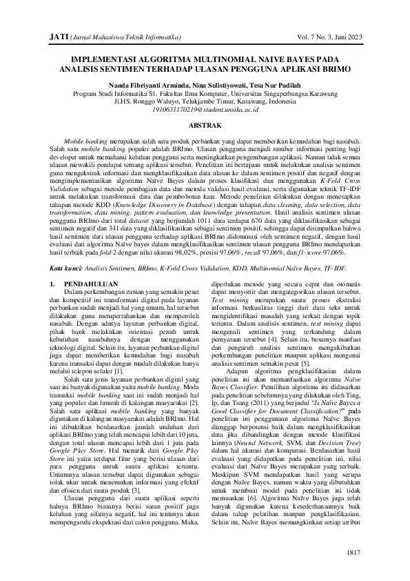 (PDF) Implementasi Algoritma Multinomial Naive Bayes Pada Analisis Sentimen Terhadap Ulasan ...