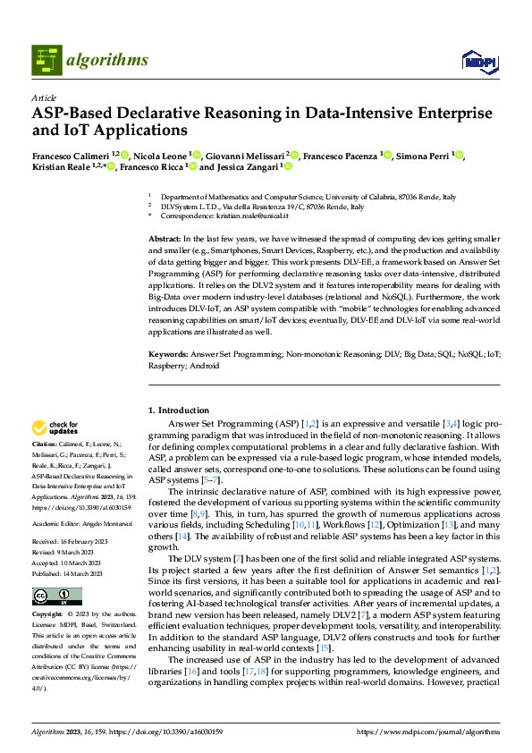 (PDF) ASP-Based Declarative Reasoning in Data-Intensive Enterprise and IoT Applications
