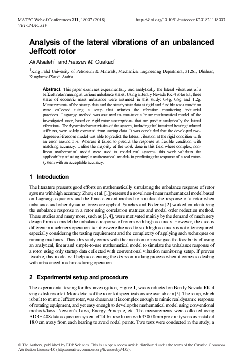 (PDF) Analysis of the lateral vibrations of an unbalanced Jeffcott rotor