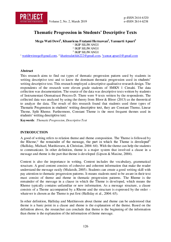 (PDF) Thematic Progression in Students’ Descriptive Texts