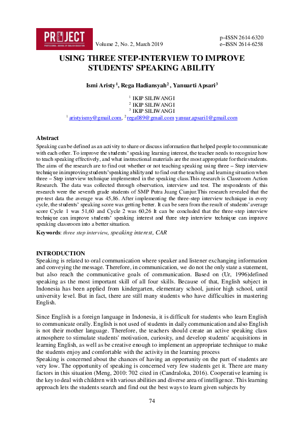 (PDF) Using Three Step-Interview to Improve Student’s Speaking Ability