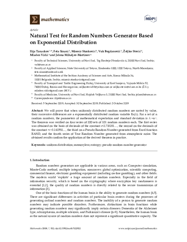 (PDF) Natural Test for Random Numbers Generator Based on Exponential ...