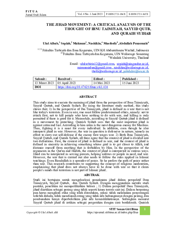 (PDF) The Jihad Movement: A Critical Analysis of the Thought of Ibnu Taimiyah, Sayyid Qutb, and ...