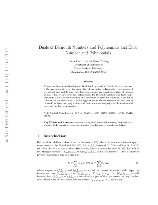 (PDF) Duals of Bernoulli Numbers and Polynomials and Euler Number and Polynomials