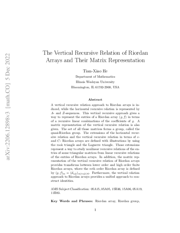 (PDF) The Vertical Recursive Relation of Riordan Arrays and Their ...