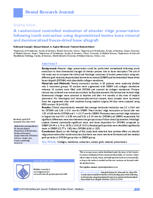 (PDF) A randomized controlled evaluation of alveolar ridge preservation following tooth ...