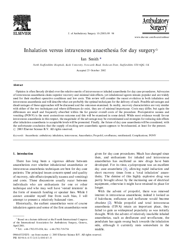 (PDF) Inhalation versus intravenous anaesthesia for day surgery
