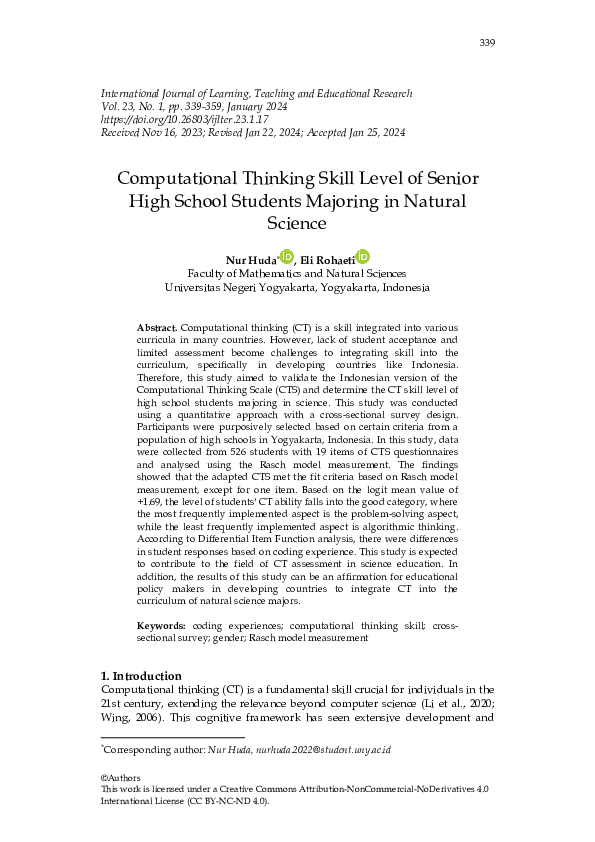 (PDF) Computational Thinking Skill Level of Senior High School Students ...