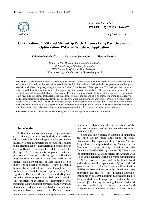 (PDF) Optimization of E-Shaped Microstrip Patch Antenna Using Particle Swarm Optimization (PSO ...