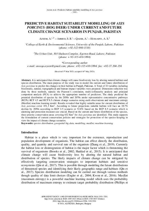 (PDF) Predictive Habitat Suitability Modelling of Axis Porcinus (Hog ...