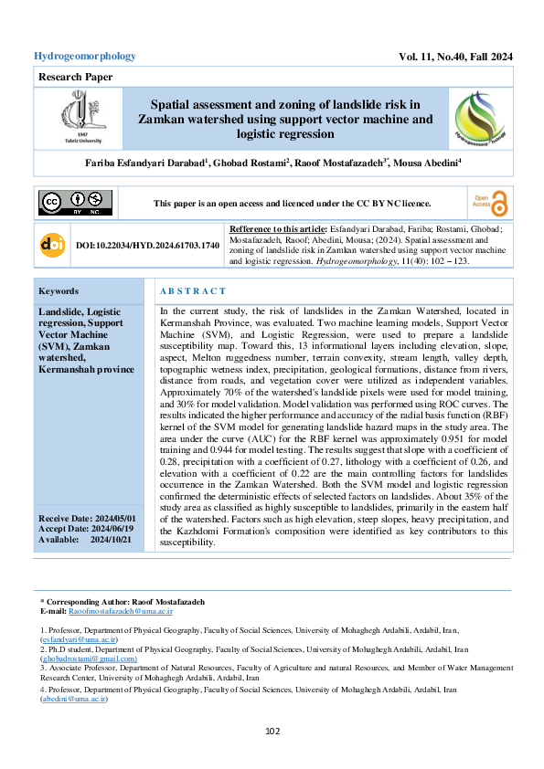 (PDF) Spatial assessment and zoning of landslide risk in Zamkan watershed using support vector ...