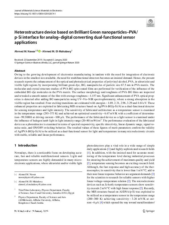 (PDF) Heterostructure device based on Brilliant Green nanoparticles–PVA/p-Si interface for ...