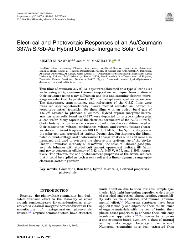 (PDF) Electrical and Photovoltaic Responses of an Au/Coumarin 337/n-Si ...