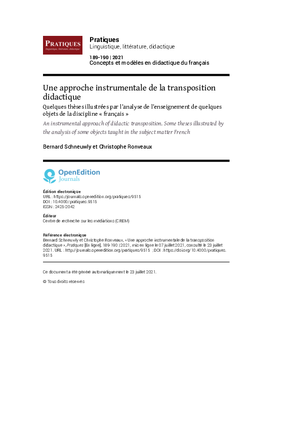 (PDF) Une approche instrumentale de la transposition didactique