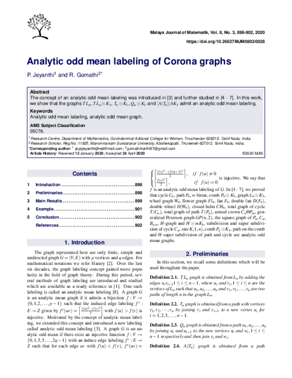 (PDF) P.Jeyanthi, R.Gomathi, Analytic Odd Mean Labeling of Corona Graphs,Malaya Journal of ...