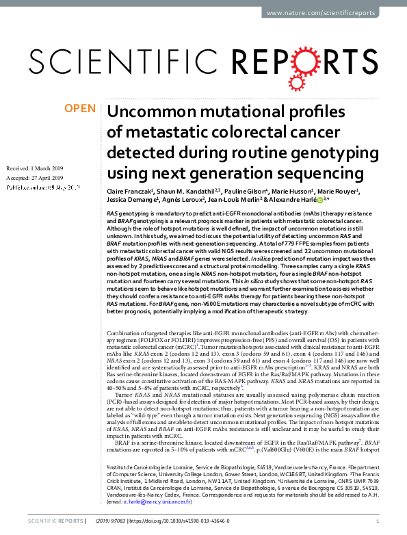 (PDF) Uncommon mutational profiles of metastatic colorectal cancer ...