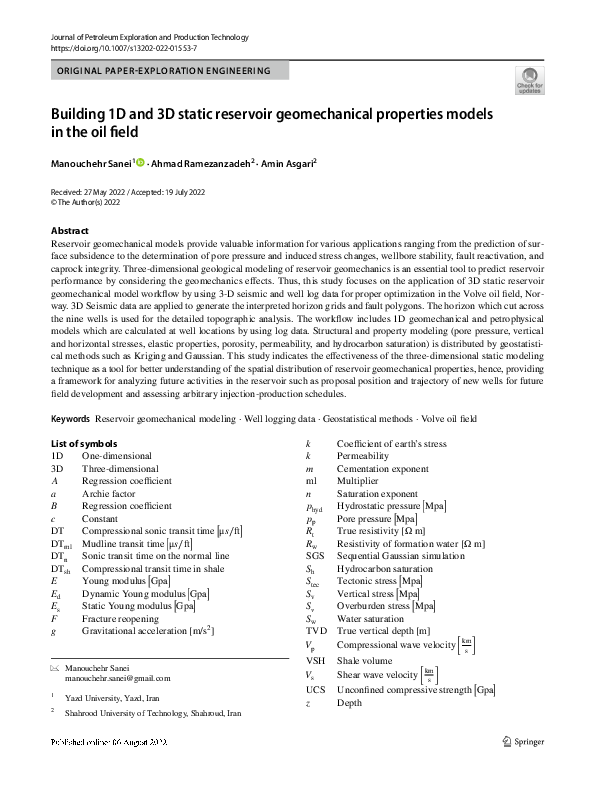 (PDF) Building 1D and 3D static reservoir geomechanical properties ...