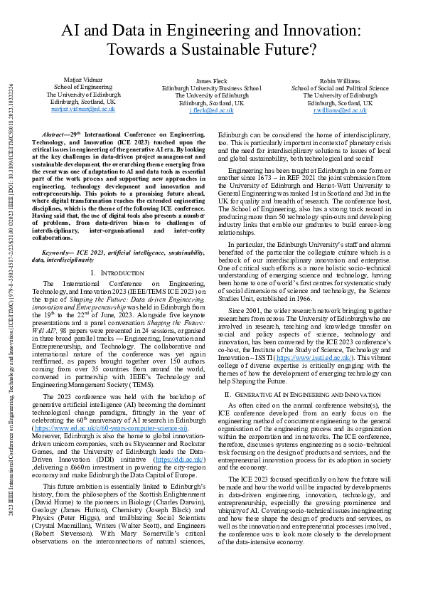 (PDF) AI and Data in Engineering and Innovation: Towards a Sustainable ...