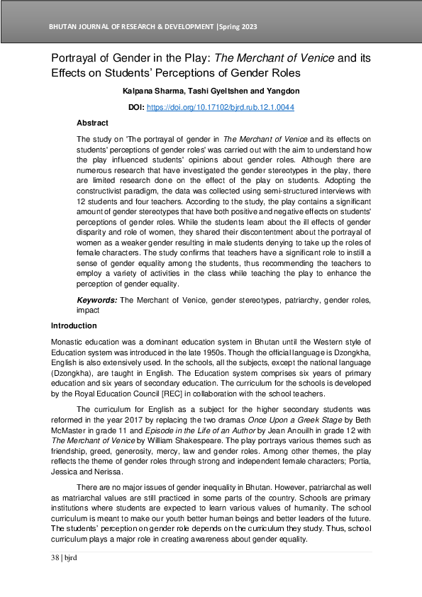 (PDF) Portrayal of Gender in the Play: The Merchant of Venice and its Effects on Students ...