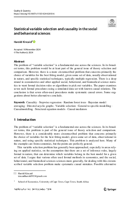 (PDF) Statistical variable selection and causality in the social and behavioral sciences