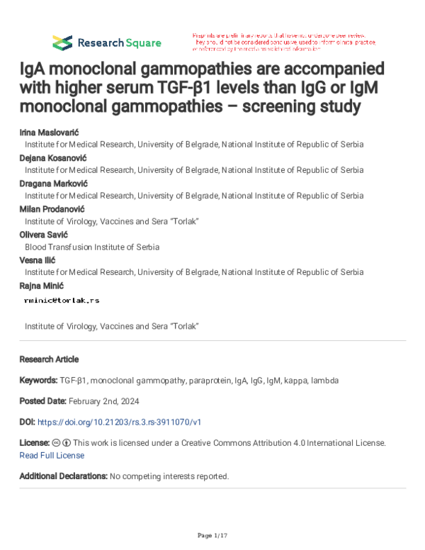 (PDF) IgA monoclonal gammopathies are accompanied with higher serum TGF ...