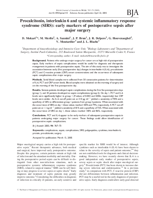 (PDF) Procalcitonin, interleukin 6 and systemic inflammatory response ...