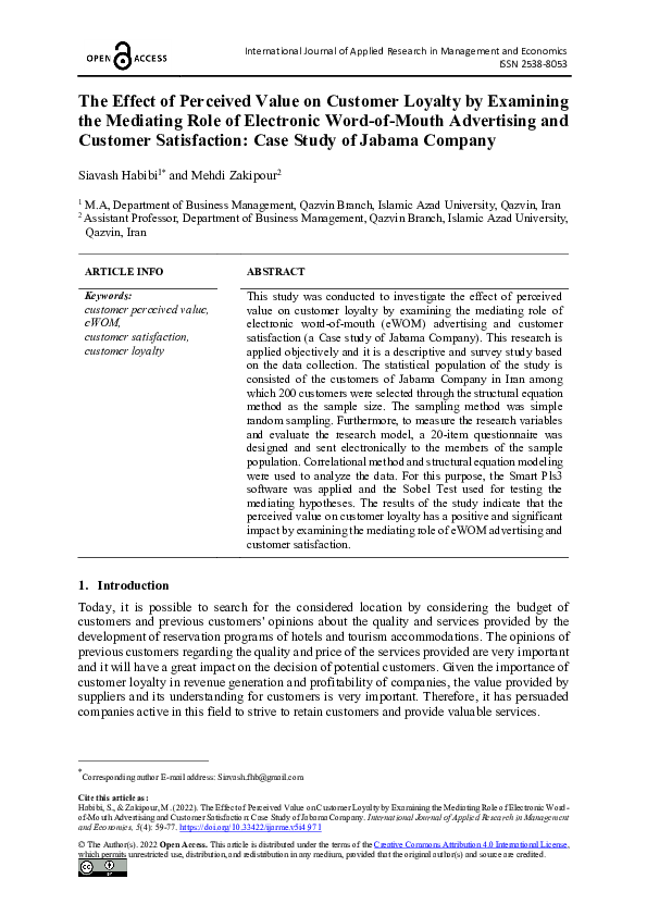 (PDF) The Effect of Perceived Value on Customer Loyalty by Examining the Mediating Role of ...