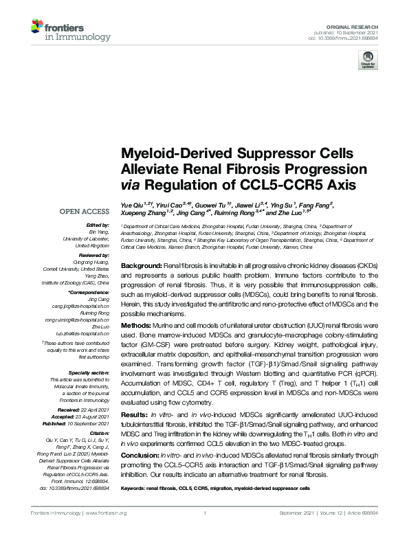 (PDF) Myeloid-Derived Suppressor Cells Alleviate Renal Fibrosis Progression via Regulation of ...