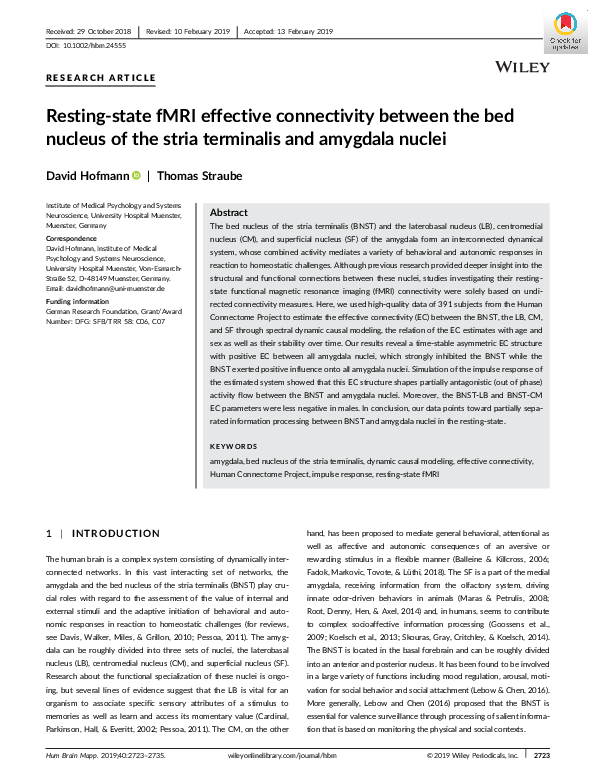 (PDF) Resting‐state fMRI effective connectivity between the bed nucleus of the stria terminalis ...