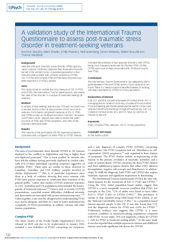 (PDF) A validation study of the International Trauma Questionnaire to ...