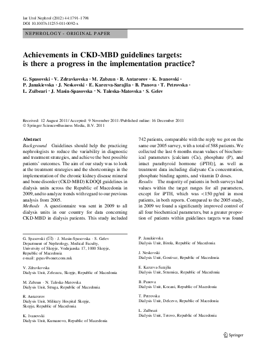 (PDF) Achievements in CKD-MBD guidelines targets: is there a progress ...