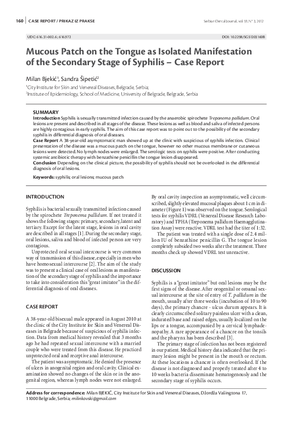 (PDF) Mucous Patch on the Tongue as Isolated Manifestation of Secondary ...
