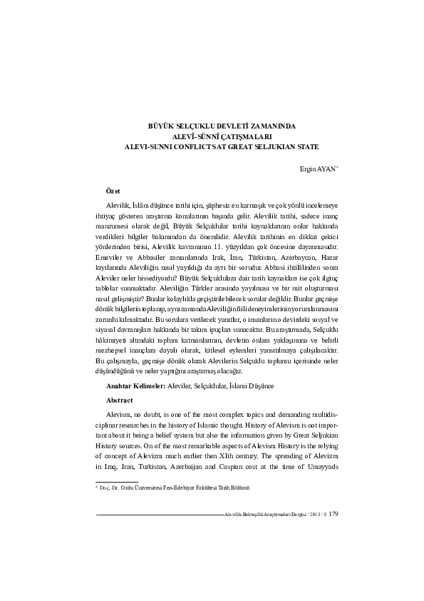 (PDF) Büyük Selçuklu Devleti Zamanında Alevî-Sünnî Çatışmaları