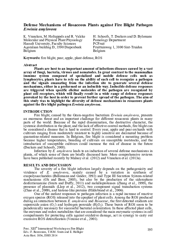 (PDF) Defense Mechanisms of Rosaceous Plants Against Fire Blight ...