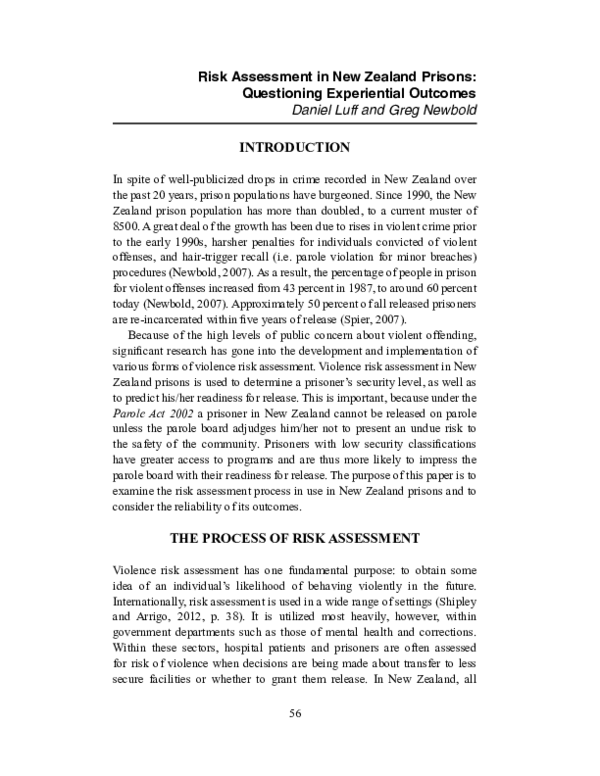 (PDF) Risk Assessment in New Zealand Prisons: Questioning Experiential ...