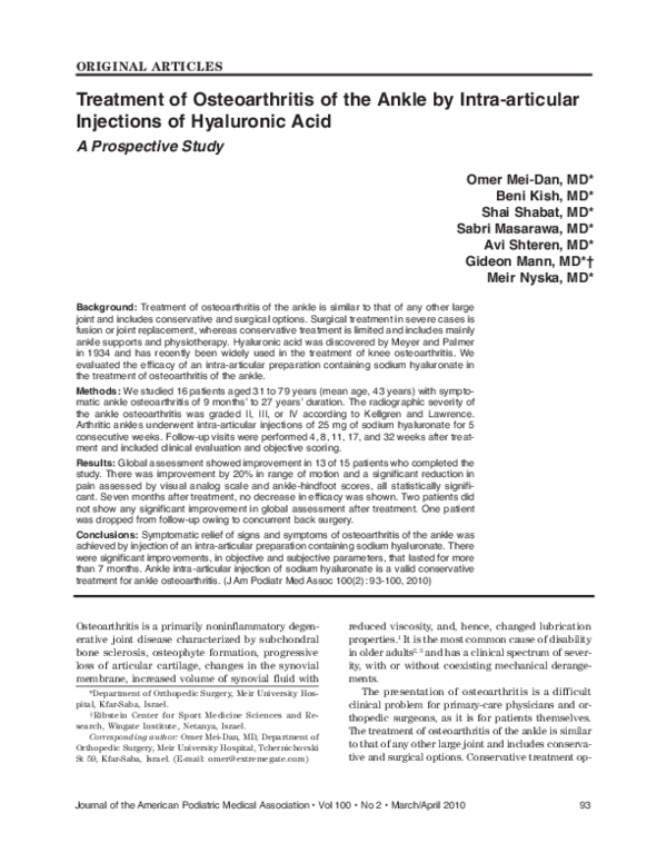 (PDF) Treatment of Osteoarthritis of the Ankle by Intra-articular Injections of Hyaluronic Acid ...