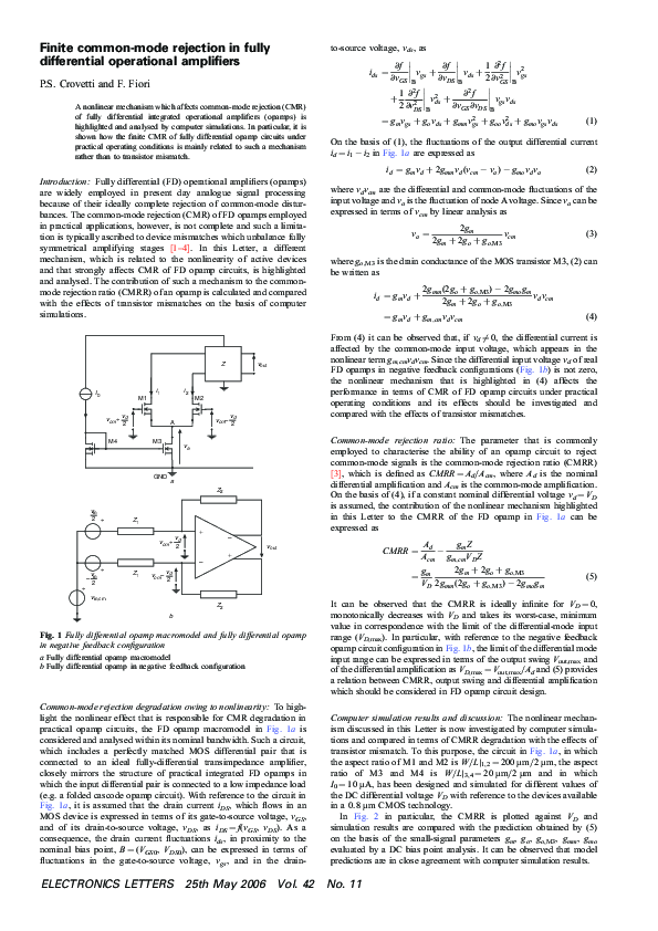 (PDF) Finite Common-Mode Rejection in Fully Differential Nonlinear Circuits