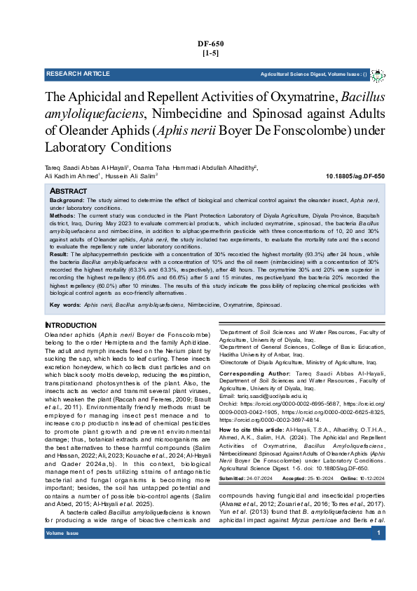 (PDF) The Aphicidal and Repellent Activities of Oxymatrine, Bacillus ...