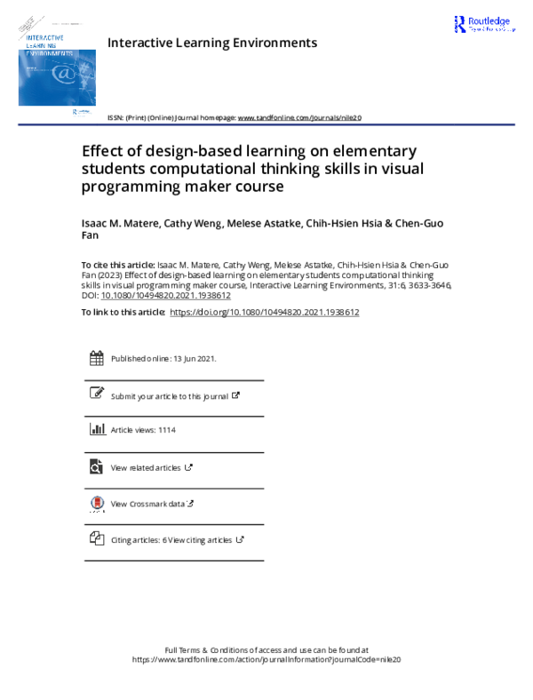 (PDF) Effect of design-based learning on elementary students computational thinking skills in ...