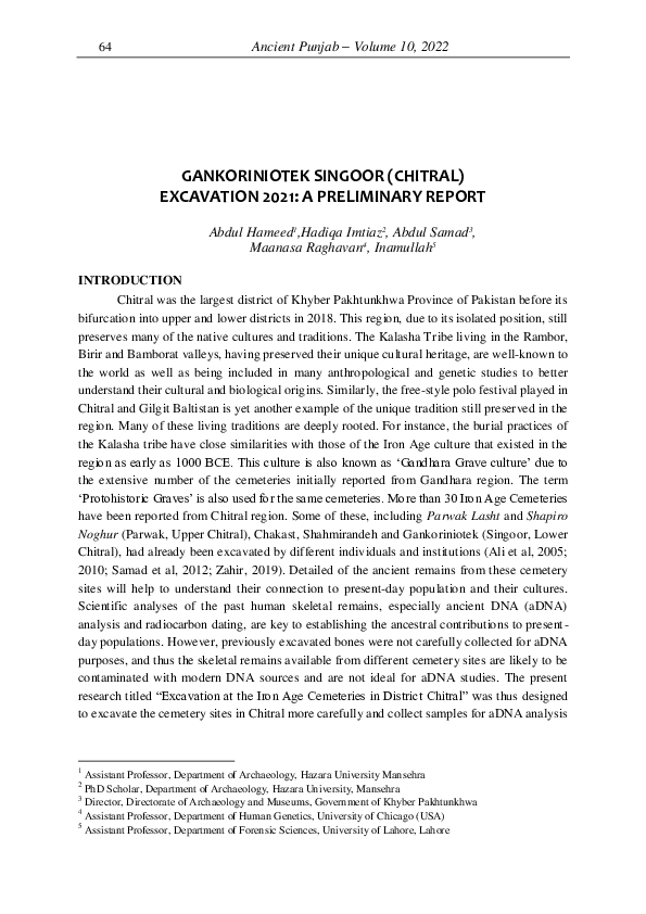 (PDF) GANKORINIOTEK SINGOOR (CHITRAL) EXCAVATION 2021: A PRELIMINARY REPORT