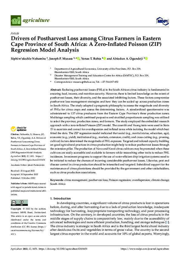 (PDF) Drivers of Postharvest Loss among Citrus Farmers in Eastern Cape Province of South Africa ...