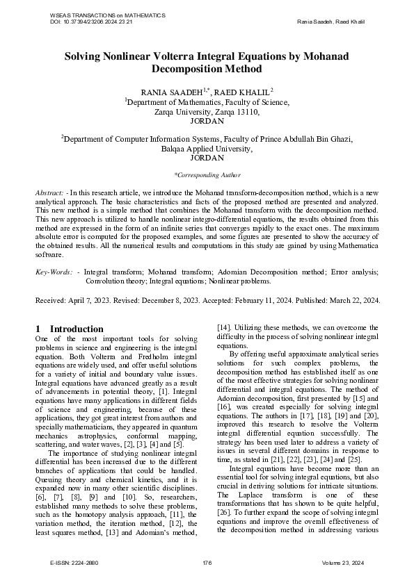 Pdf Solving Nonlinear Volterra Integral Equations By Mohanad Decomposition Method