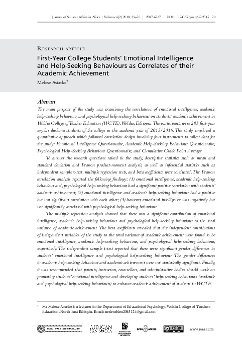 (PDF) First-Year College Students' Emotional Intelligence and Help-Seeking Behaviours as ...