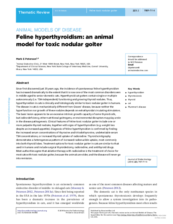 (PDF) ANIMAL MODELS OF DISEASE: Feline hyperthyroidism: an animal model ...