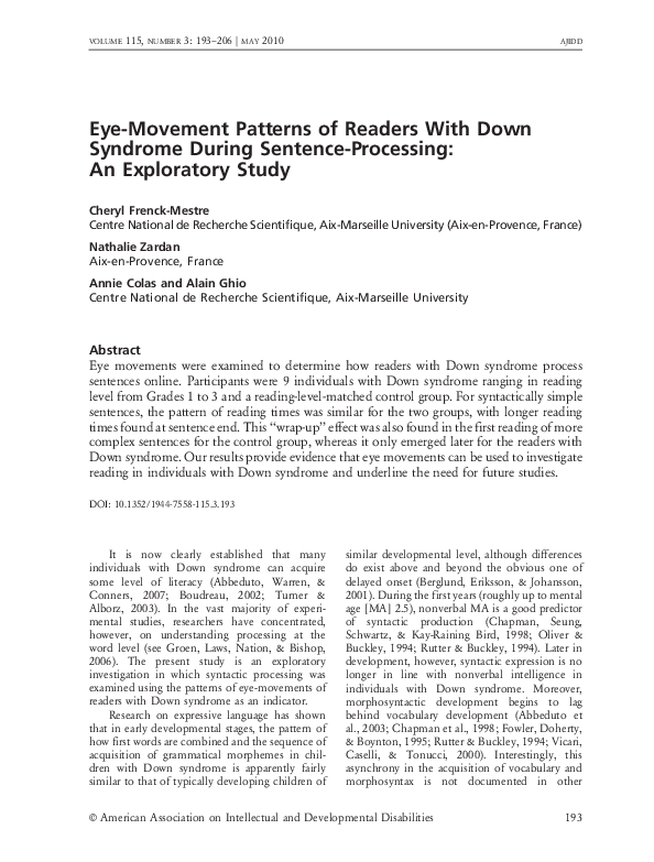 (PDF) Eye-Movement Patterns of Readers With Down Syndrome During Sentence-Processing: An ...