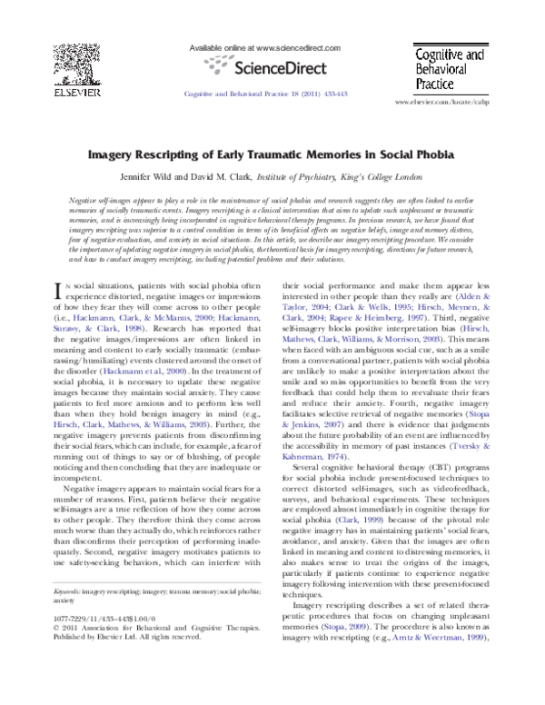 (PDF) Imagery Rescripting of Early Traumatic Memories in Social Phobia